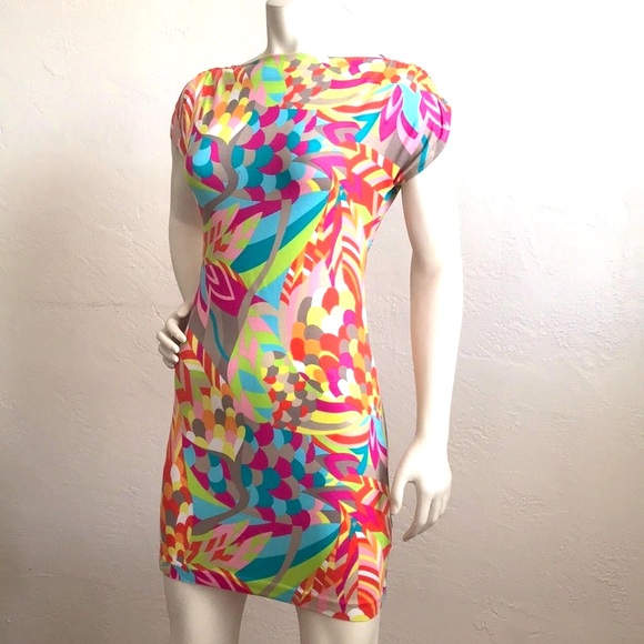 Trina Turk | Dresses | Trina Turk Print Mini Boatneck Ruched Cap Sleeve ...